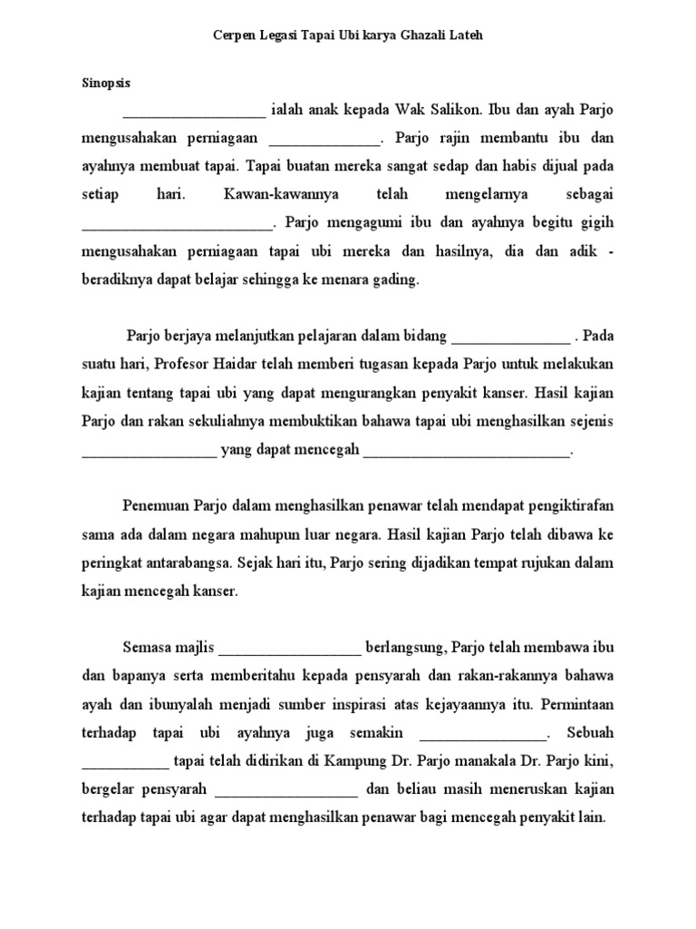 Latihan Cerpen Legasi Tapai Ubi Karya Ghazali Lateh | PDF