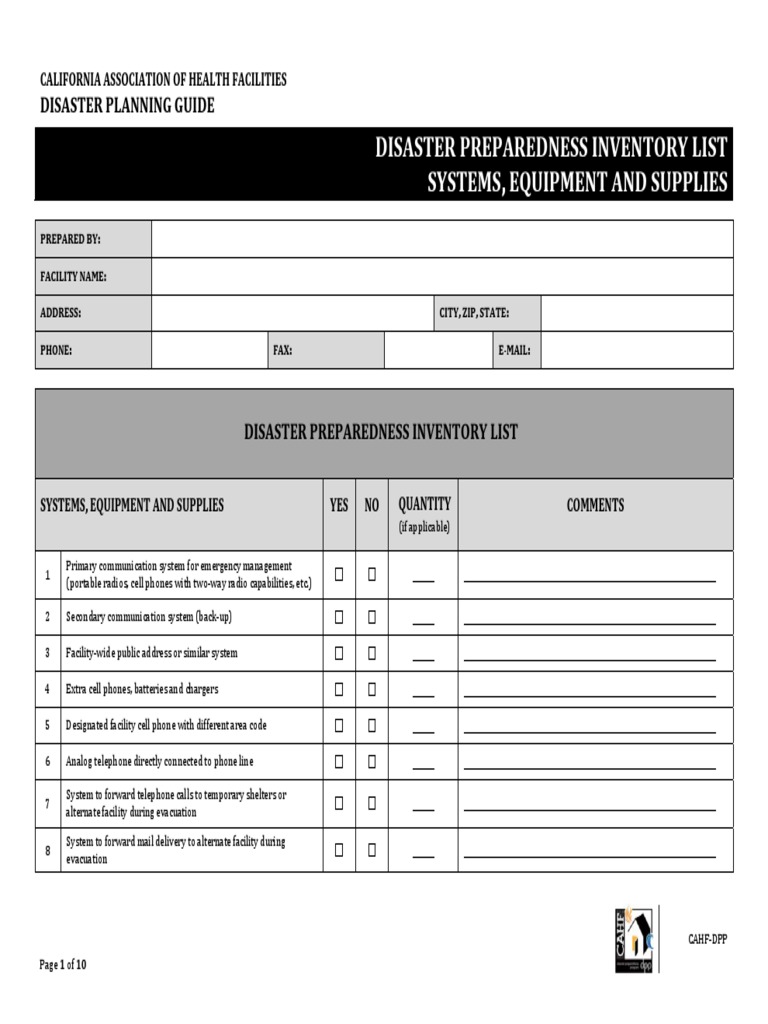 Disaster Preparedness Inventory List Systems, Equipment and Supplies ...