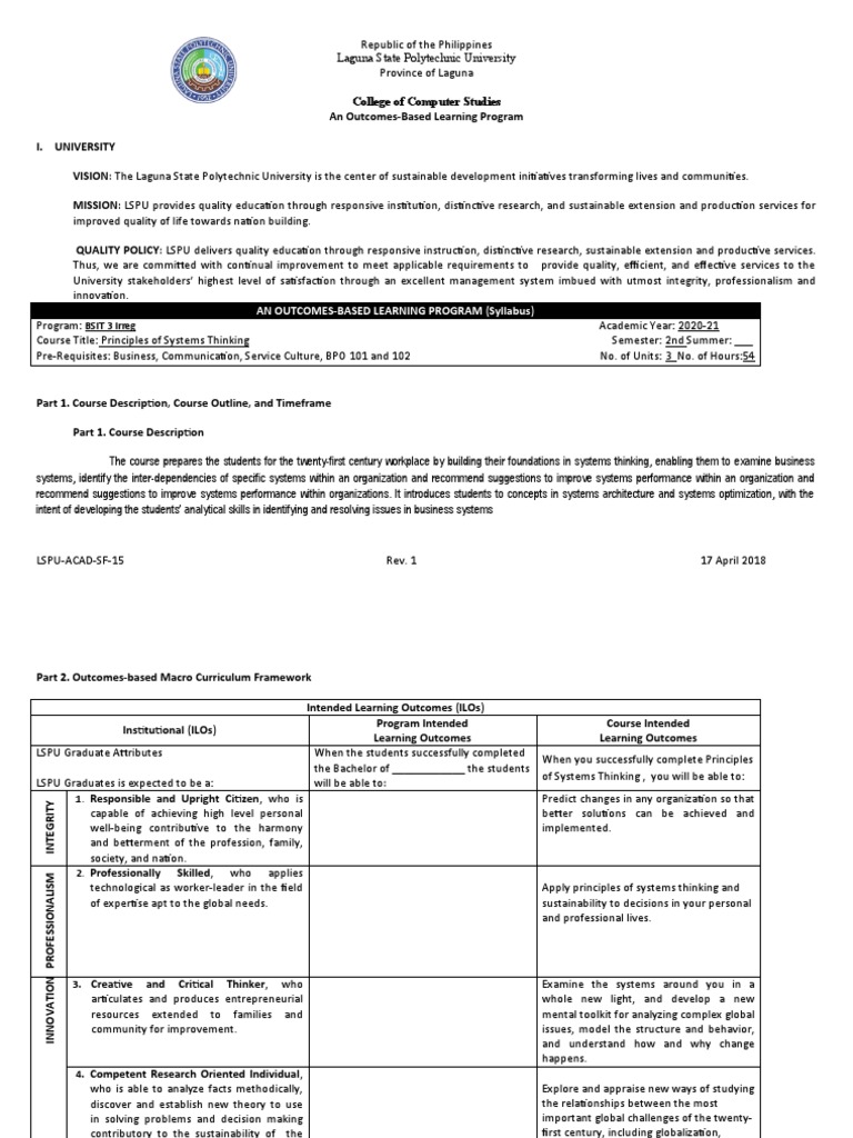 An Outcomes-Based Learning Program (Syllabus) : BSIT 3 Irreg | PDF | System | Systems Theory
