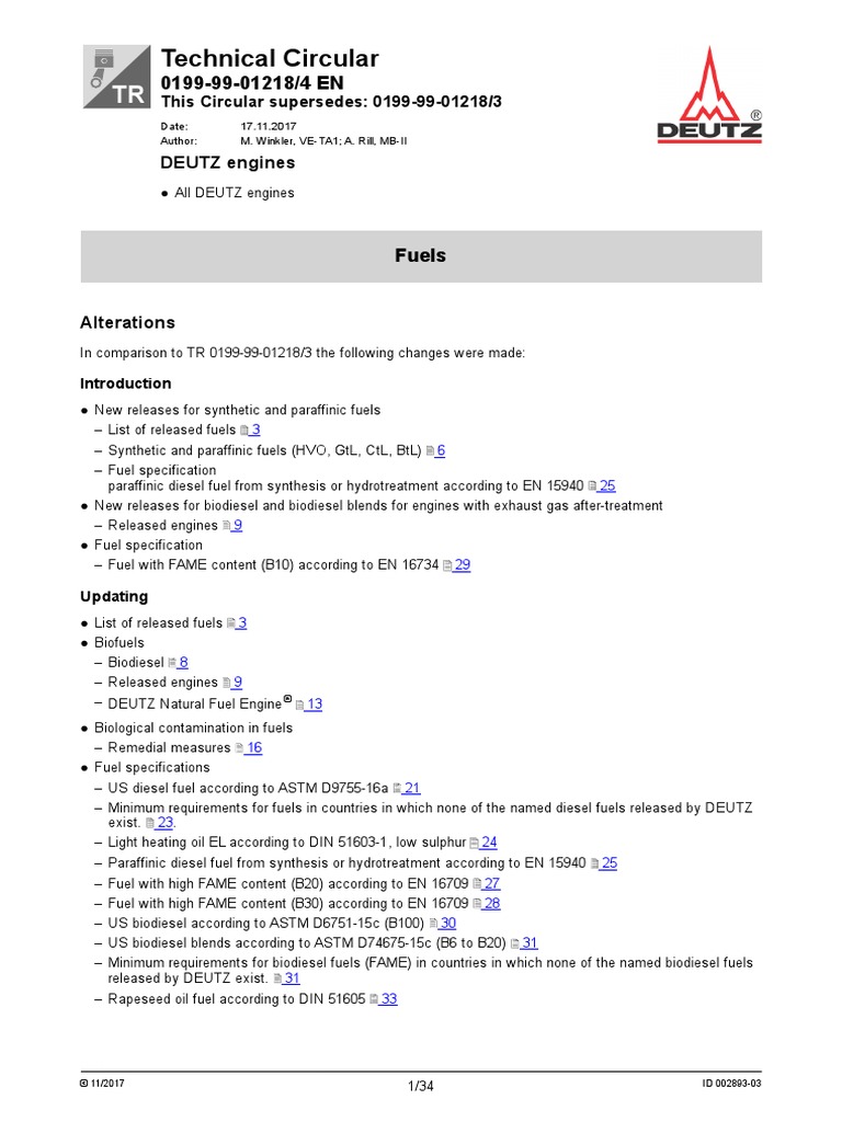 Deutz Engine SpecsTR019999012184 - EN | PDF | Biodiesel | Diesel Fuel