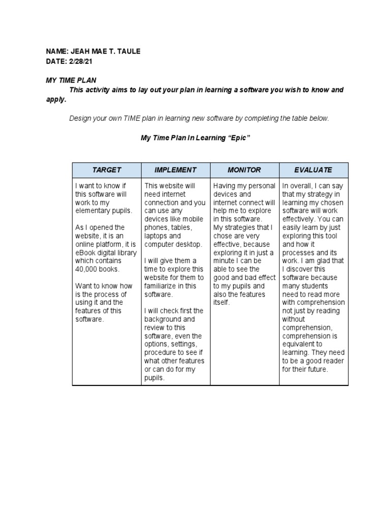 My Time Plan This Activity Aims To Lay Out Your Plan in Learning A ...