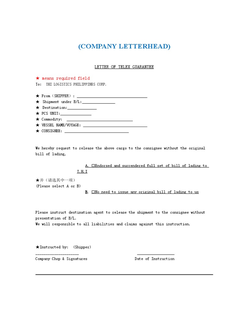 Telex Release Guarantee Letter | PDF | Finance & Money Management ...