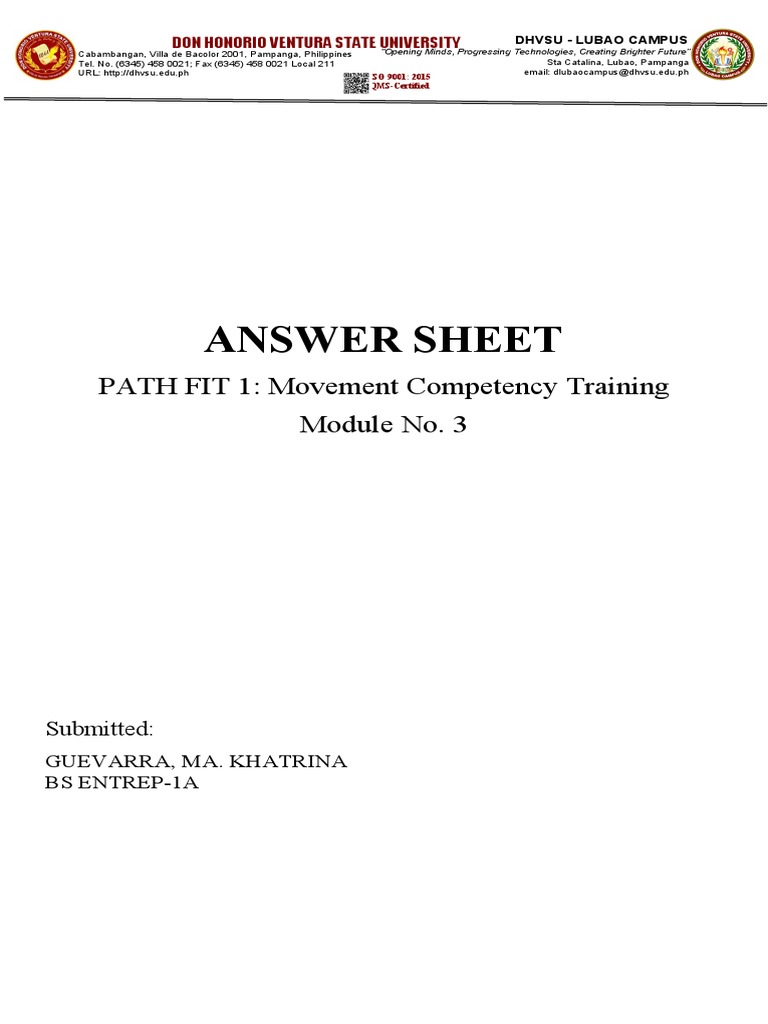Answer Sheet: PATH FIT 1: Movement Competency Training Module No. 3 ...