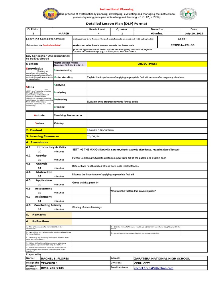 Detailed Lesson Plan (DLP) Format: PE9PF-Ia-29 - 30 | PDF | Teaching ...