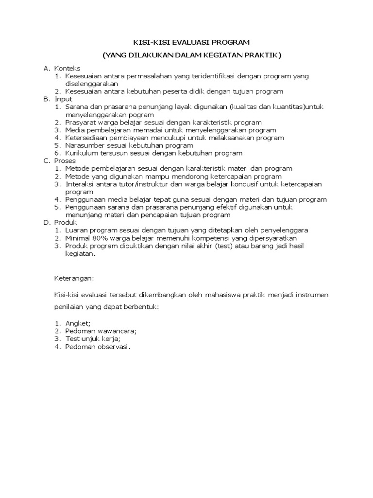 Kisi Kisi Evaluasi Program | PDF | Karier & Perkembangan | Seni