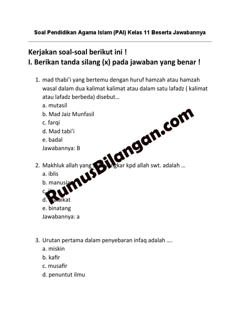 Soal Pendidikan Agama Islam (PAI) Kelas 11 Beserta Jawabannya | PDF