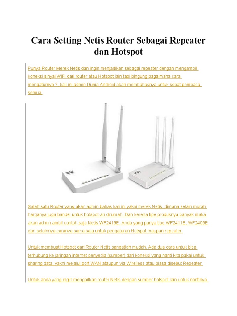 Cara Setting Netis Router Sebagai Repeater Dan Hotspot | PDF