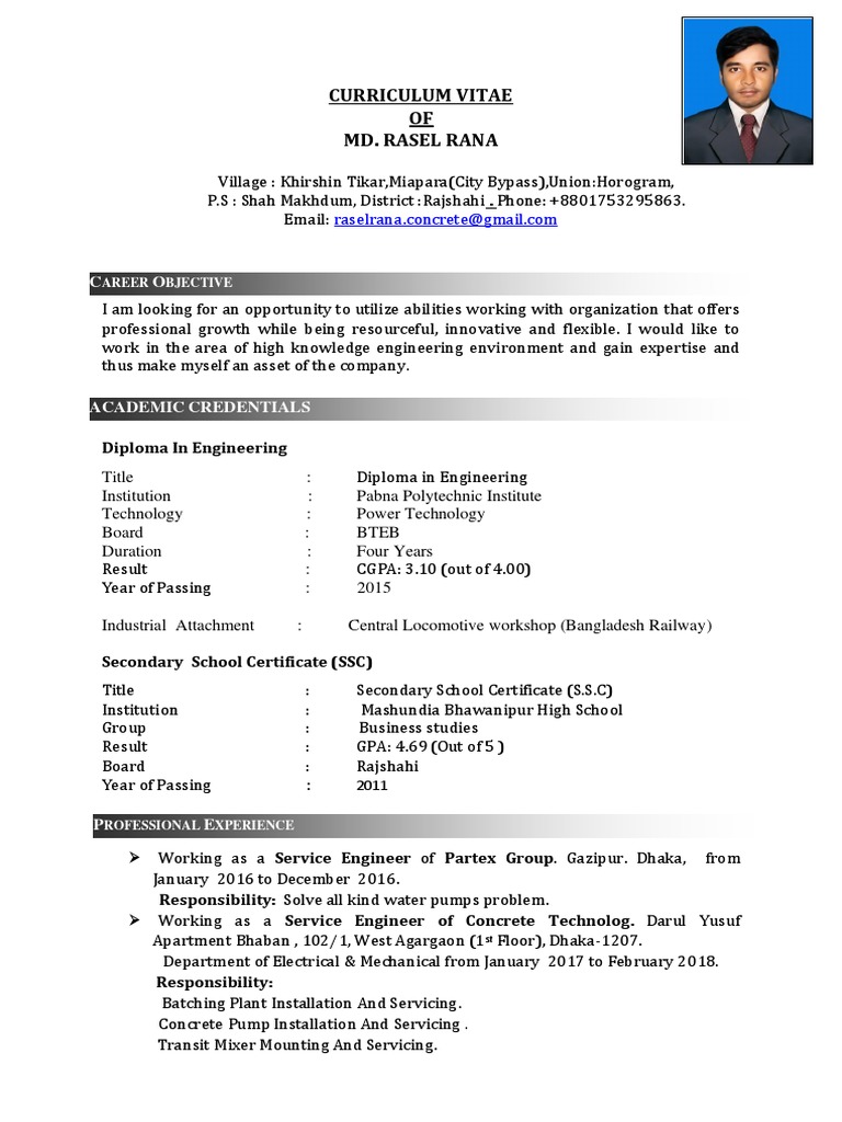 Curriculum Vitae OF Md. Rasel Rana: Diploma in Engineering | PDF ...