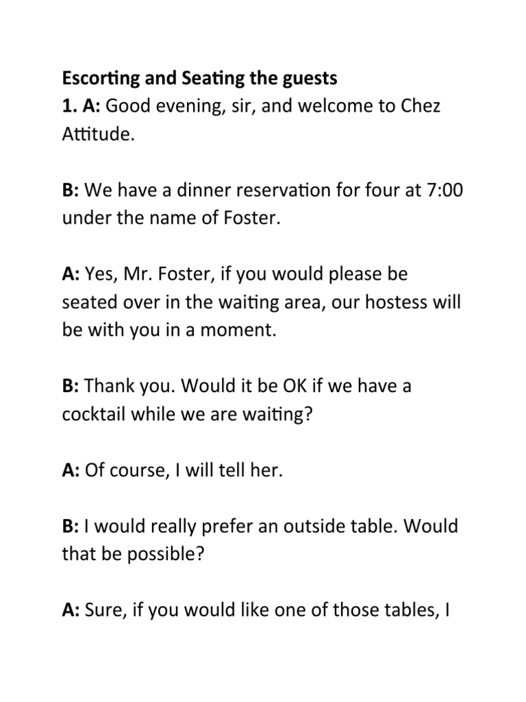 Guest Escorting and Seating Script | PDF | Menu | Beverages