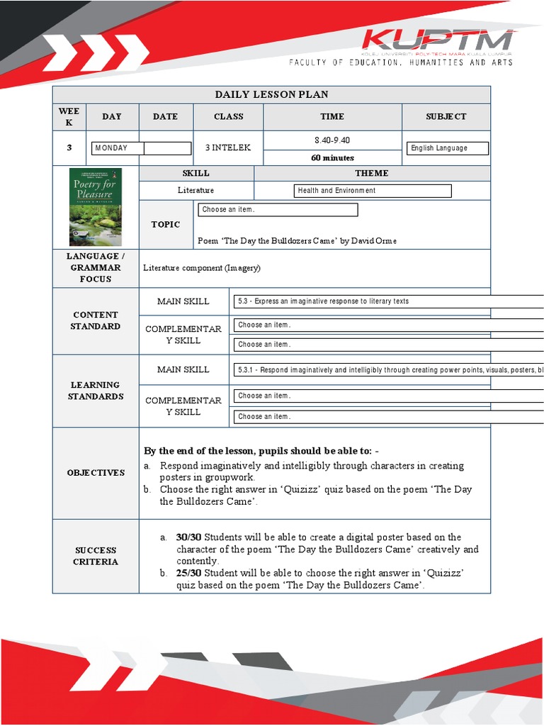 FORM 3 LESSON PLAN Literature | PDF | Lesson Plan | Teachers