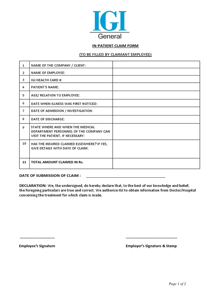 In-Patient Claim Form: (To Be Filled by Claimant Employee) | PDF ...