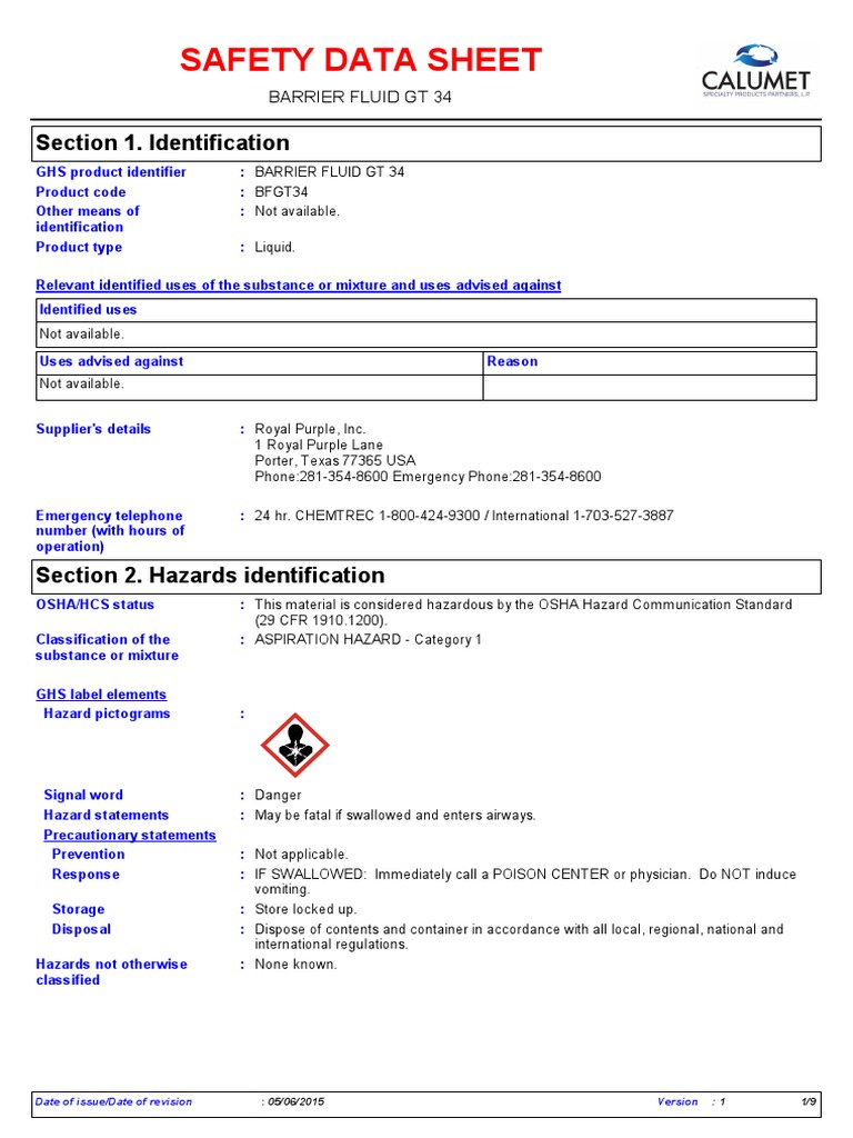 Safety Data Sheet: Section 1. Identification | PDF | Toxicity | First Aid