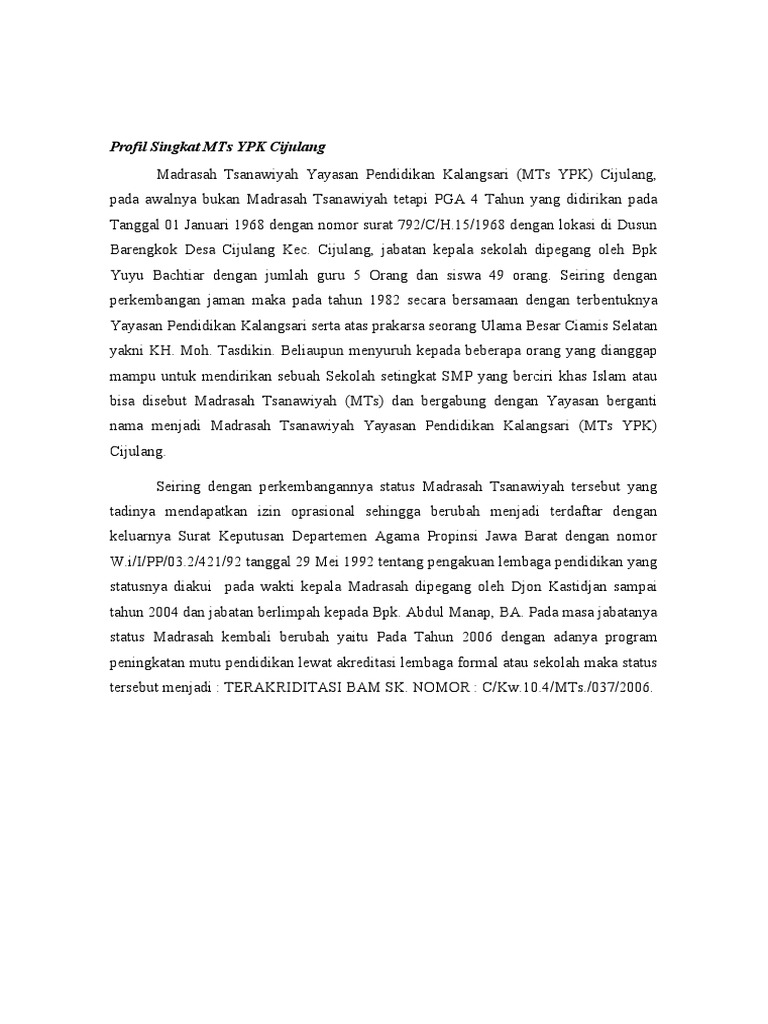 Profil MTs YPK Cijulang dan Akreditasi | PDF | Karier & Perkembangan