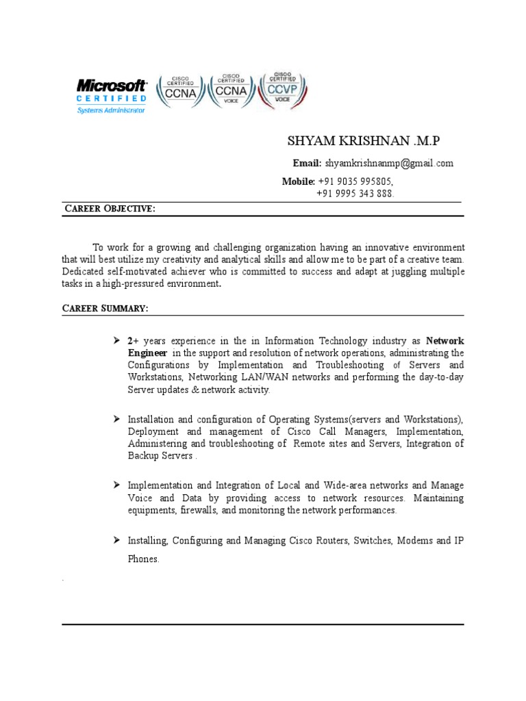 Network Engineer CV with Cisco Expertise | PDF | Computer Network ...