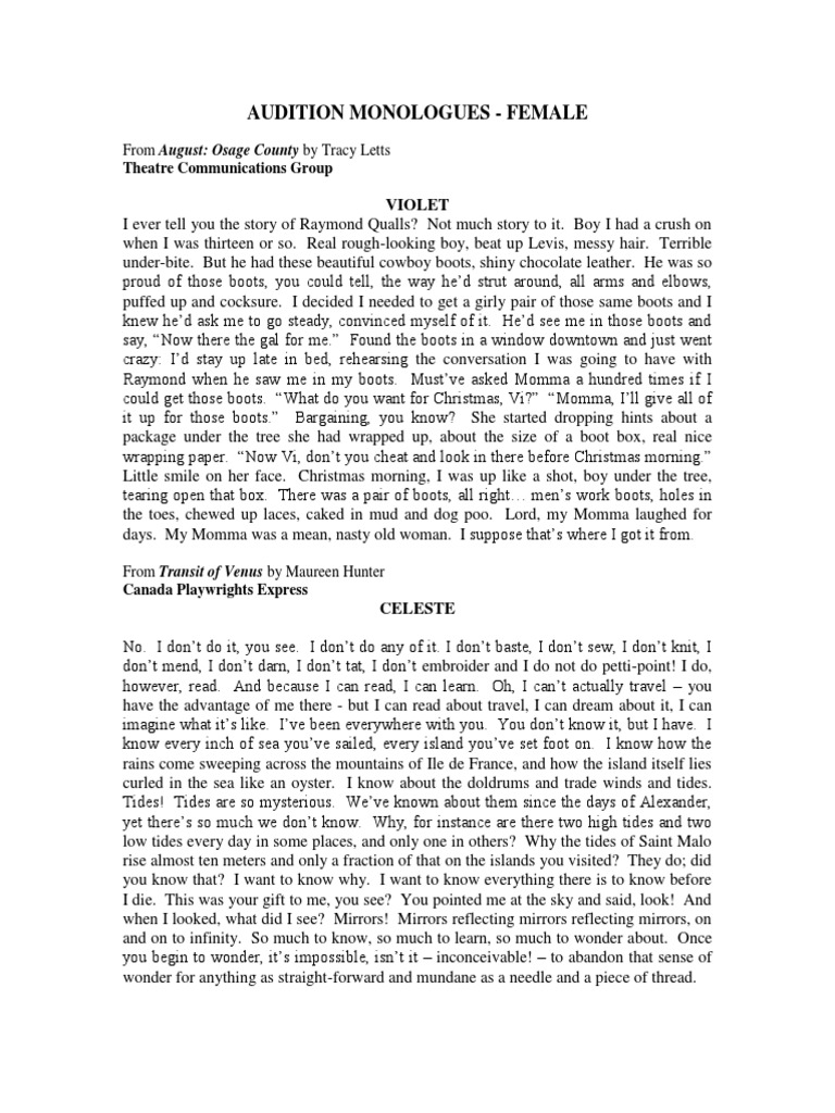 Audition Monologues - Female: Theatre Communications Group | PDF | Poetry