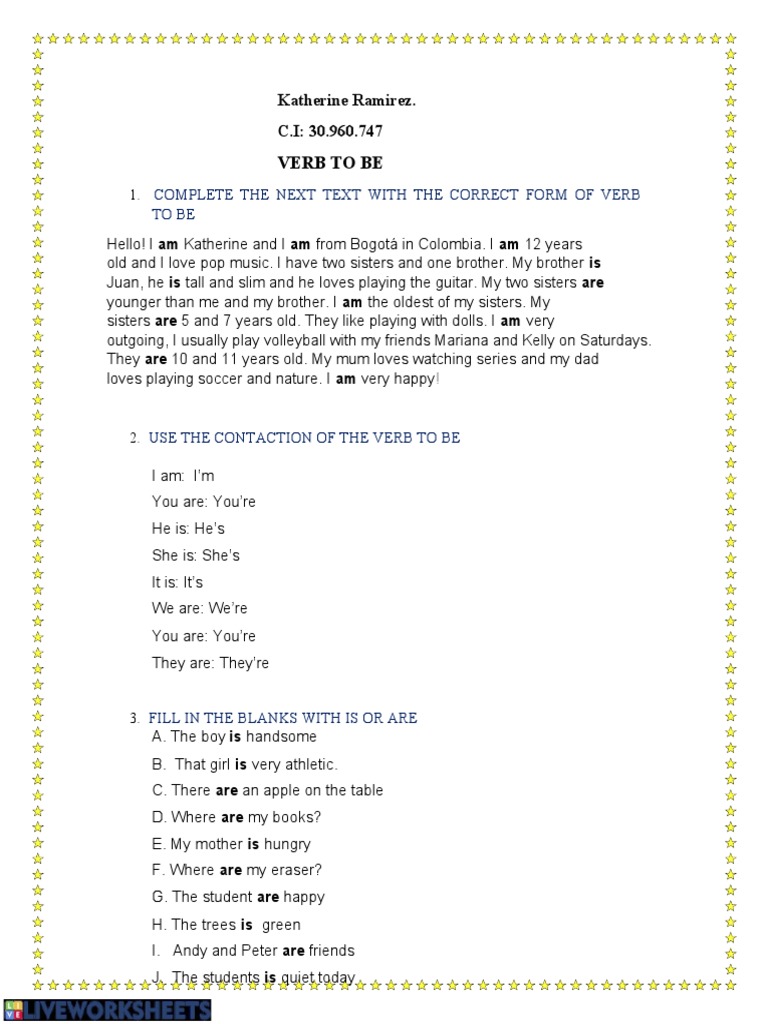 Verb To Be: Fill in the Blanks Exercises | PDF | Language Arts ...