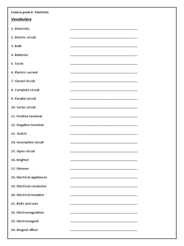 Vocabulary: Science Grade 6: Electricity | PDF | Series And Parallel ...