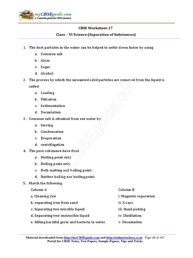 CBSE Worksheet-17 Class - VI Science (Separation of Substances) | PDF ...
