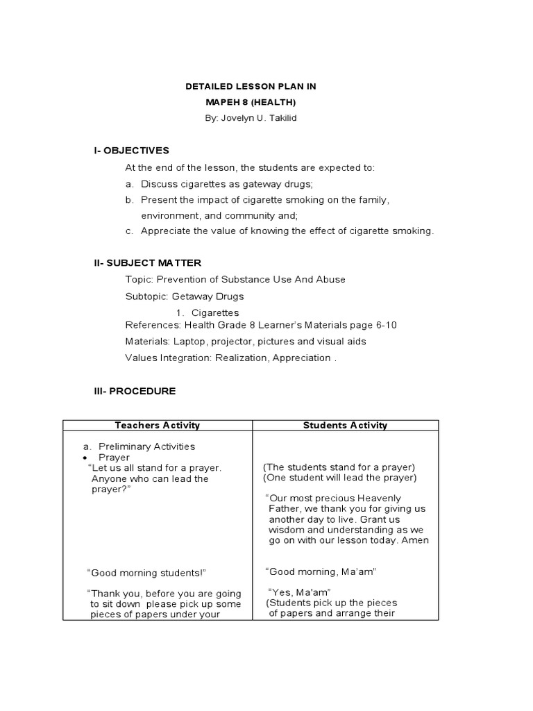 Detailed Lesson Plan in Getaway Drugs | PDF | Cigarette | Tobacco Smoking