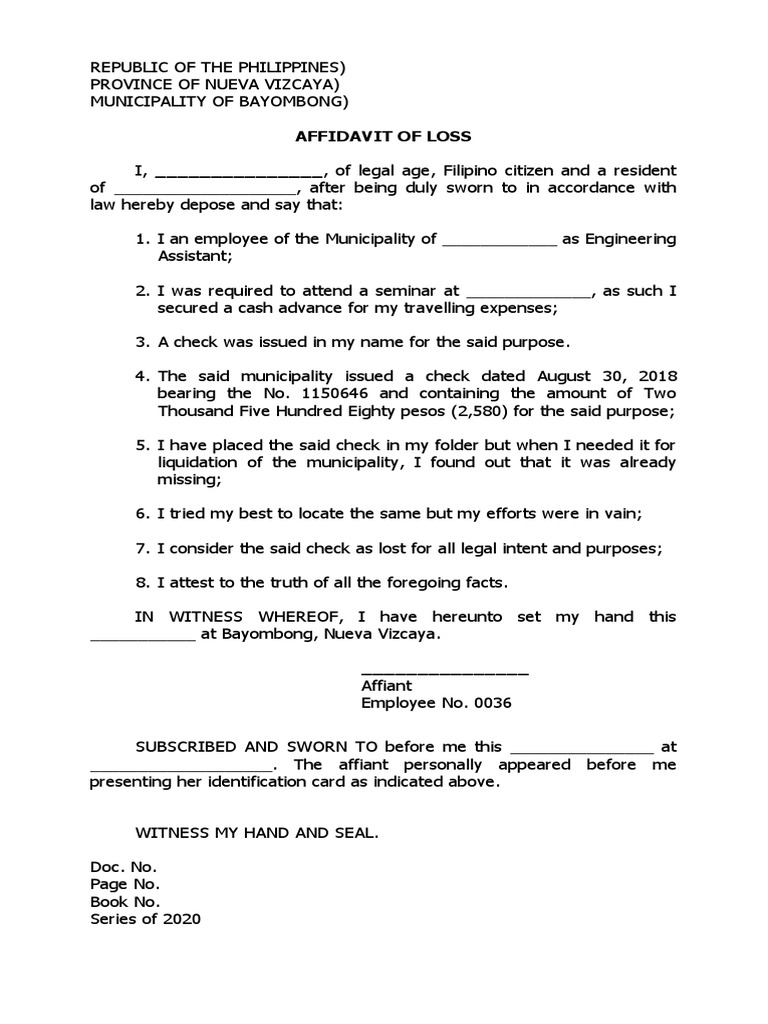 Affidavit of Loss, Check | PDF | Social Science