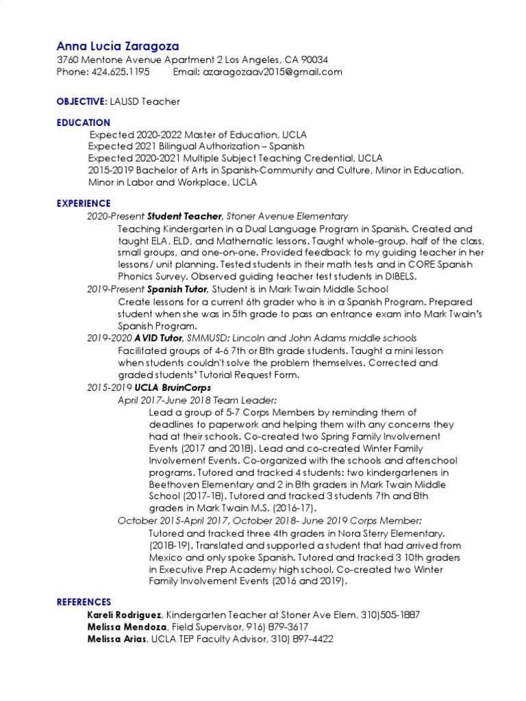 Resume Anna Zaragoza 2021 | PDF | Middle Schools | University Of California