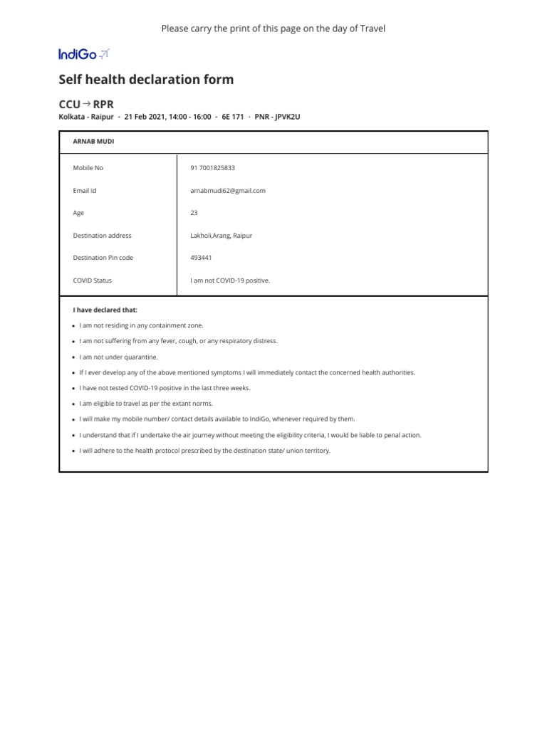 Self Health Declaration Form: CCU RPR | PDF