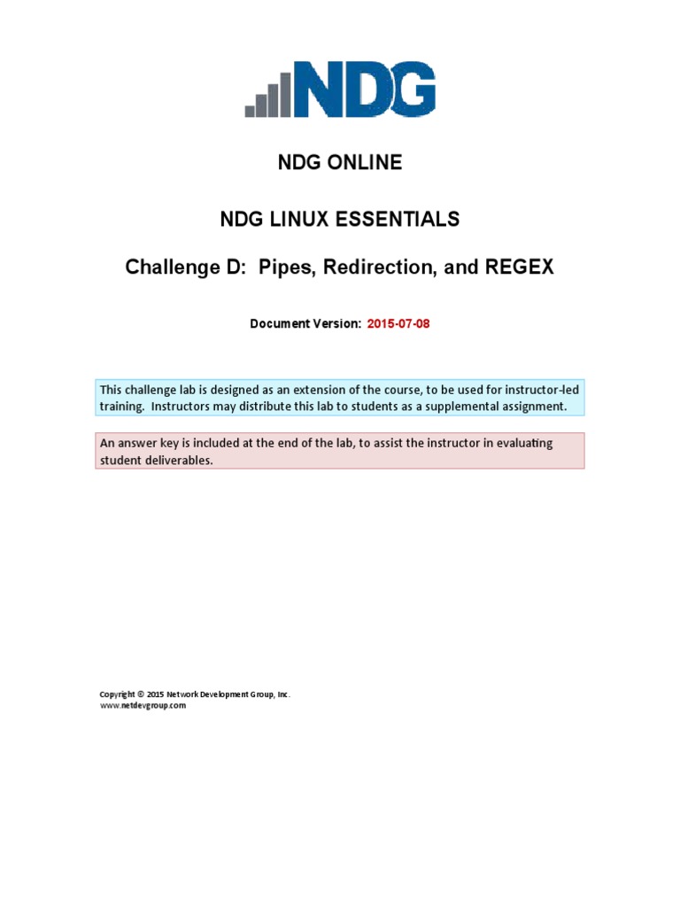 NDG Online NDG Linux Essentials Challenge D: Pipes, Redirection, and REGEX | PDF | Regular ...