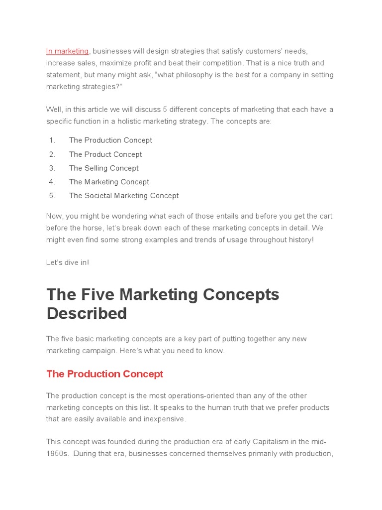 The Five Marketing Concepts Described | PDF | Profit (Economics ...