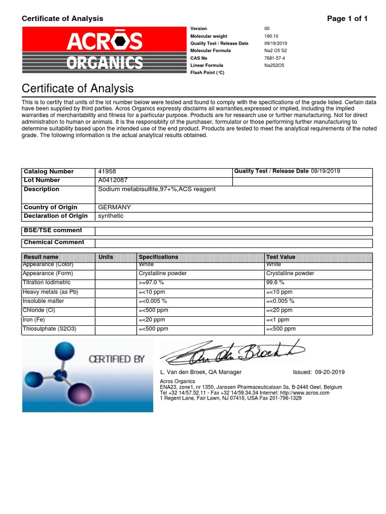Sodium metabisulfite Certificate of Analysis | PDF | Chemical ...