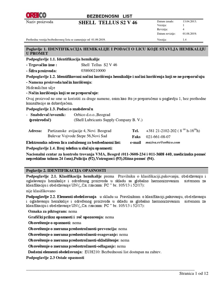 Shell-Tellus-S2-V-46 - MSDS | PDF