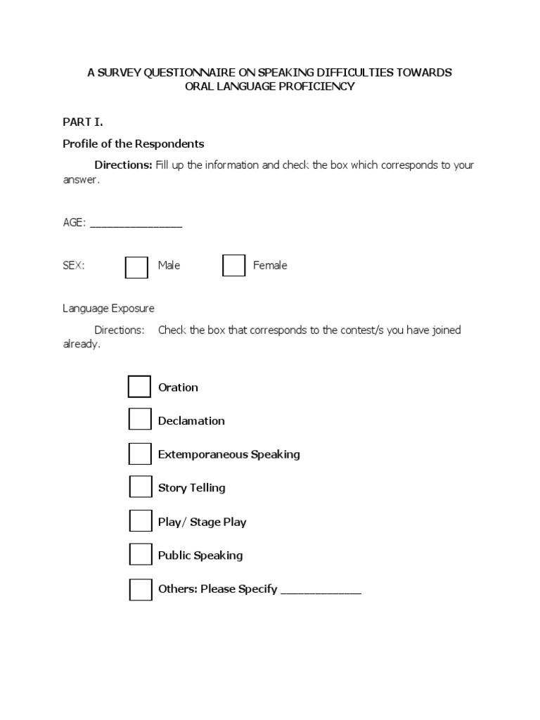 A Survey Questionnaire On Speaking Difficulties Towards | PDF ...