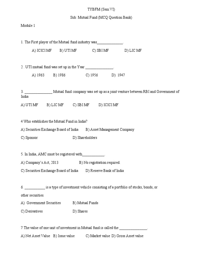 Mutual Fund MCQ Question Bank | PDF | Mutual Funds | Exchange Traded Fund