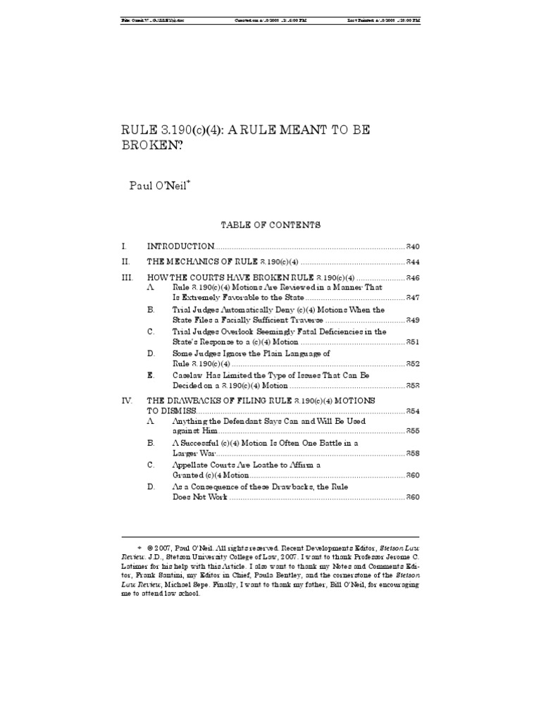 RULE 3.190 (C) (4) : A RULE MEANT TO BE Broken?: Paul O'Neil | PDF ...