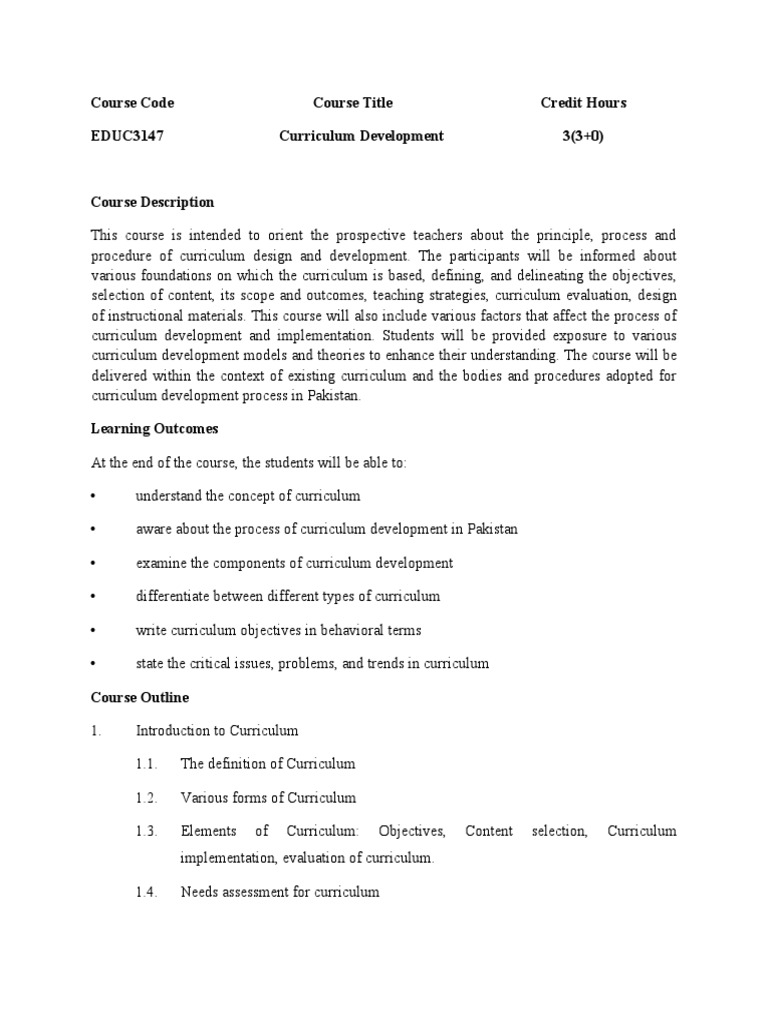 Course Code Course Title Credit Hours EDUC3147 Curriculum Development 3 ...