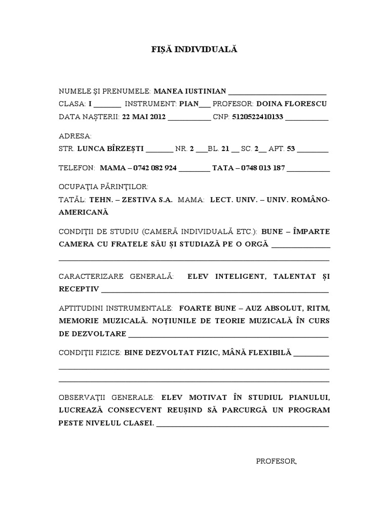 Model - 9. FISA INDIVIDUALĂ | PDF