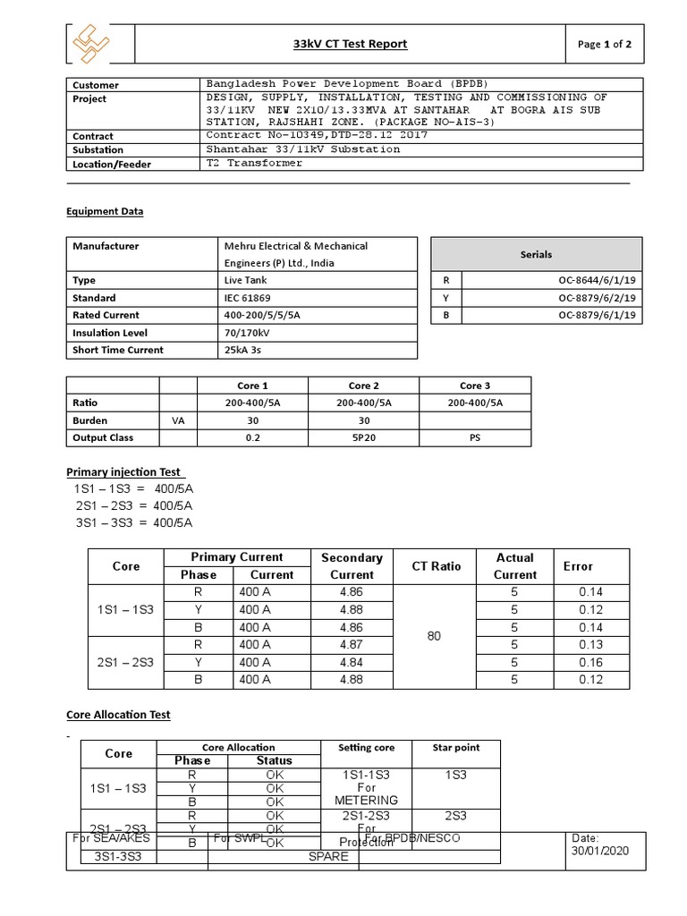 33kV CT Test Report | PDF | Electrical Substation | Power Engineering