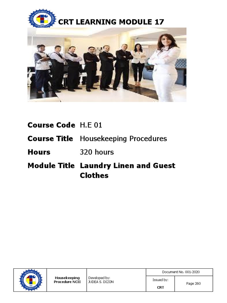 CRT Learning Module 17: 320 Hours | PDF | Laundry | Facilitator