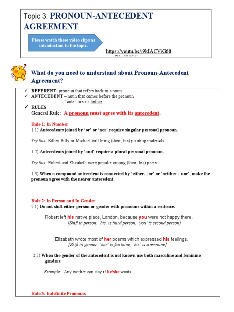 Handout 3 - Pronoun-Antecedent Agreement | PDF | Grammatical Gender ...