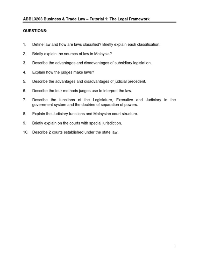 Tutorial 1 - The Legal Framework (Q) | PDF | Private Law | Business Law