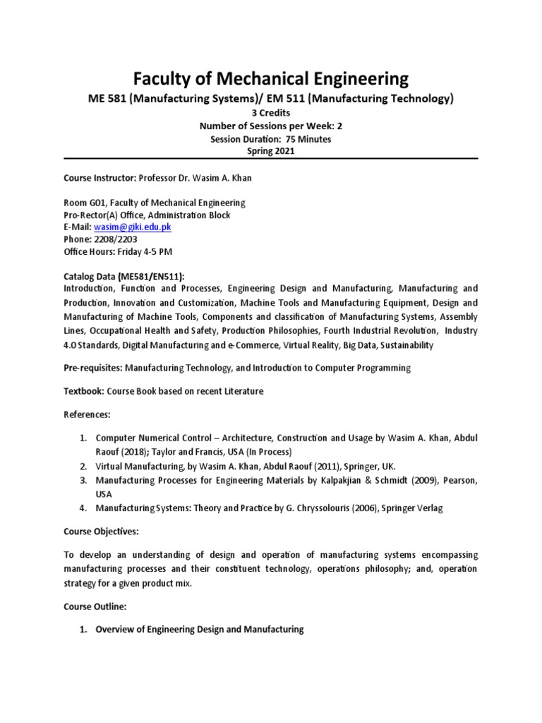 ME 581+EM511 Spring 2021 Course Outline | PDF | Engineering | Product ...