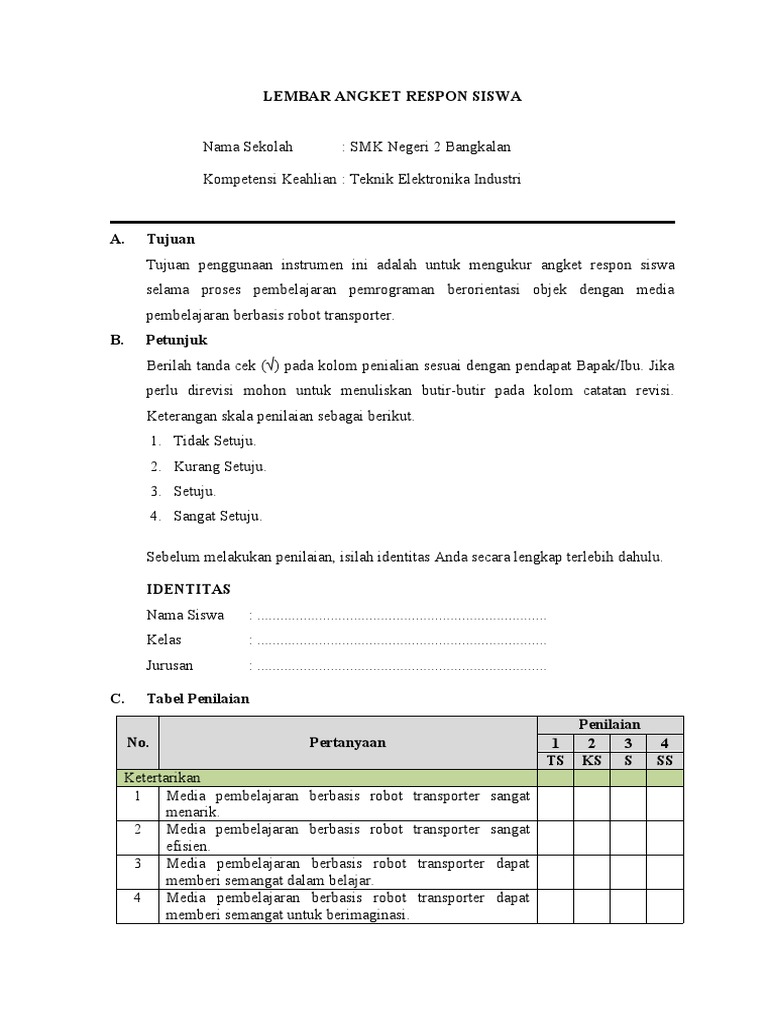 Lembar Angket Respon Siswa | PDF
