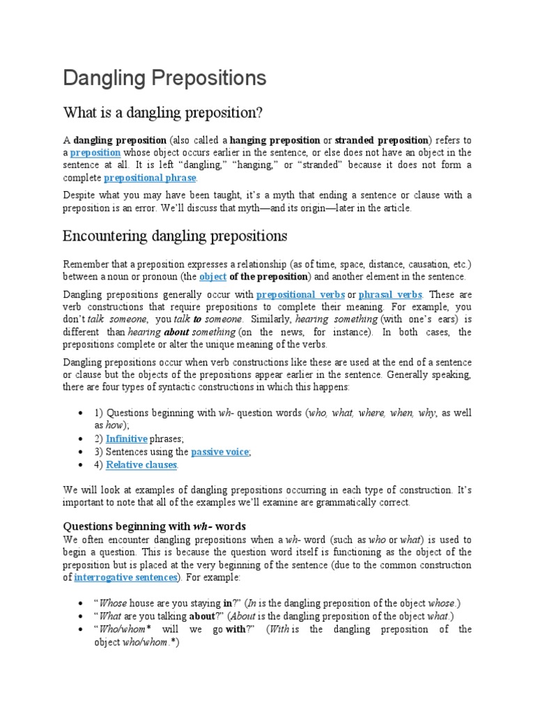 Dangling Prepositions | PDF | Preposition And Postposition | Phrase