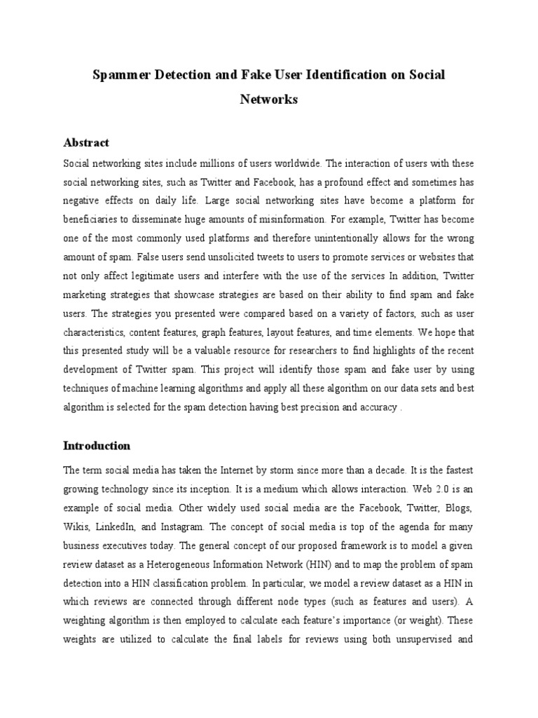 Spammer Detection and Fake User Identification On Social Networks | PDF | Statistical ...