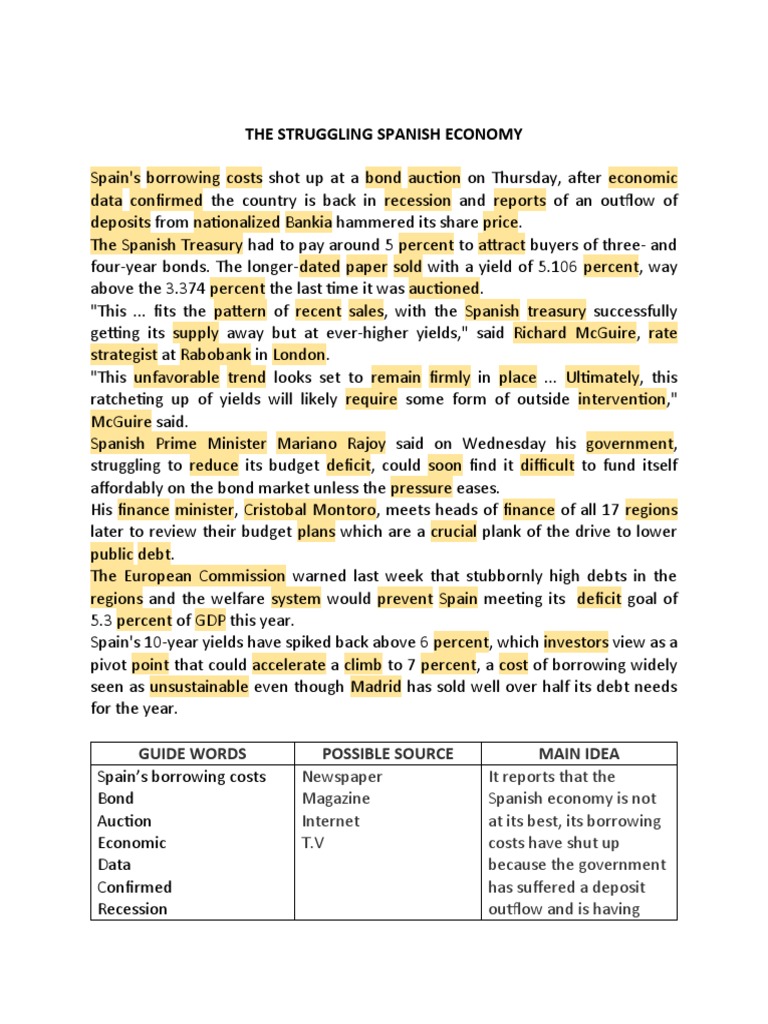 The Struggling Spanish Economy: Guide Words Possible Source Main Idea ...
