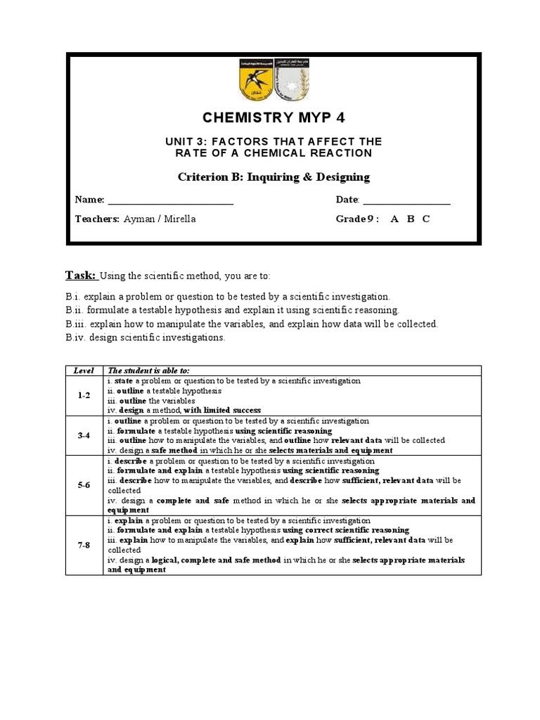 MYP 4 - B Rate of Reaction | PDF | Scientific Method | Hypothesis