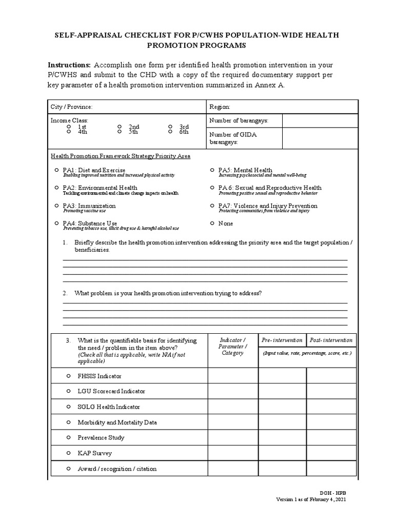(DOH HPB) Self Appraisal Checklist For Province-Wide Health Promotion ...