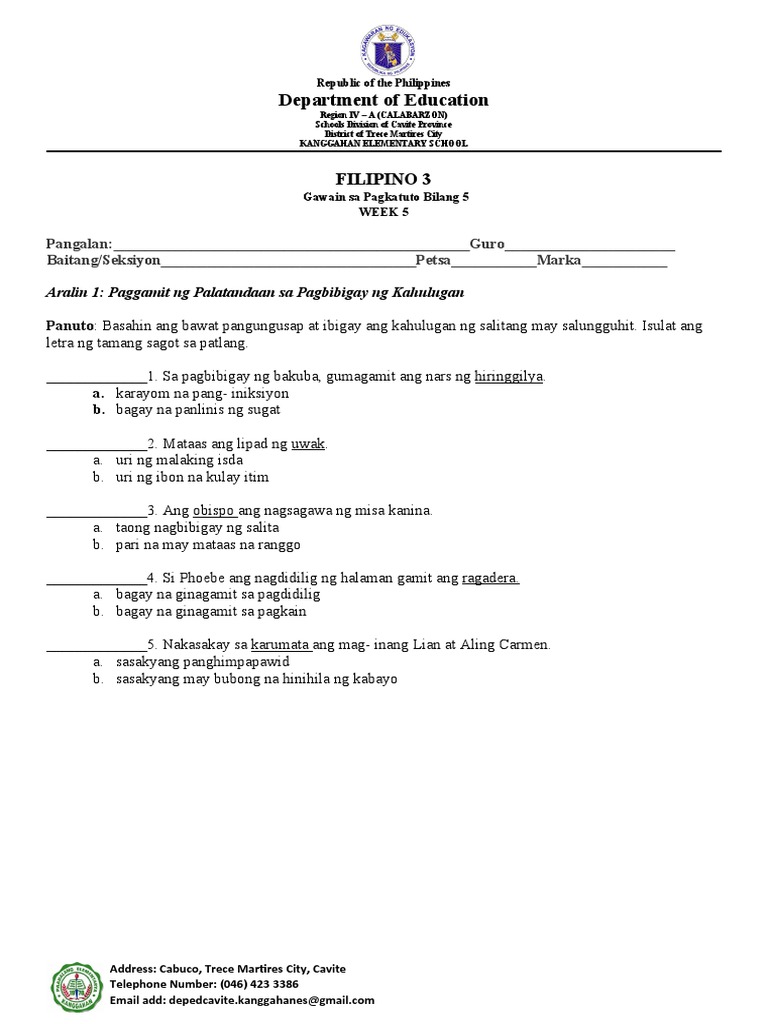 Filipino 3-Worksheet#5-Week 5-2ND Quarter | PDF