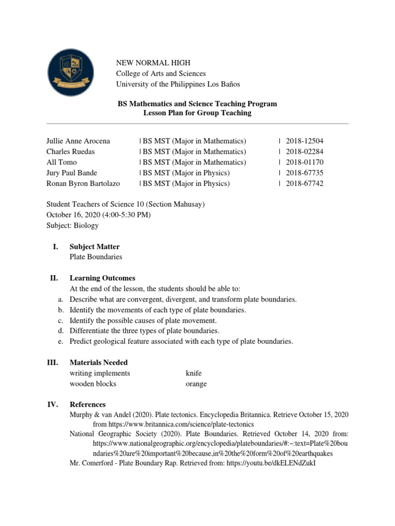 Group 6 Biology Lesson Plan | PDF | Plate Tectonics | Geophysics