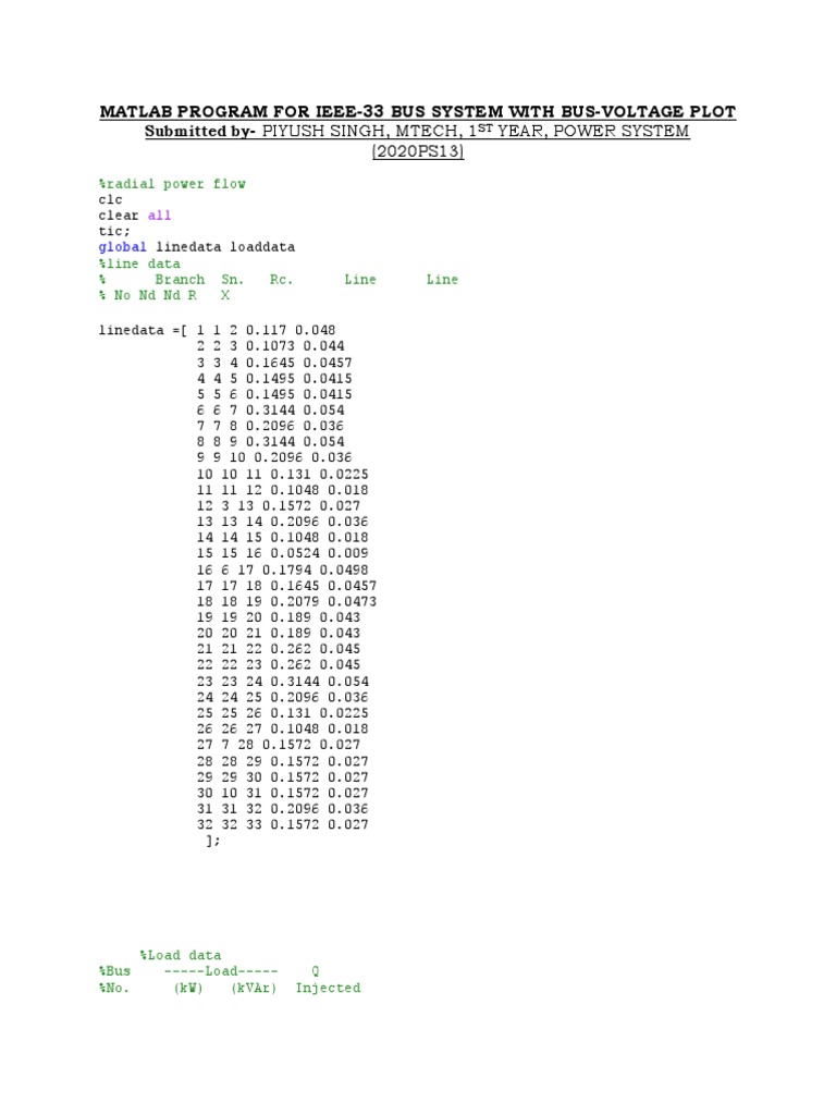 Matlab Program For Ieee-33 Bus System With Bus-Voltage Plot - Piyush ...