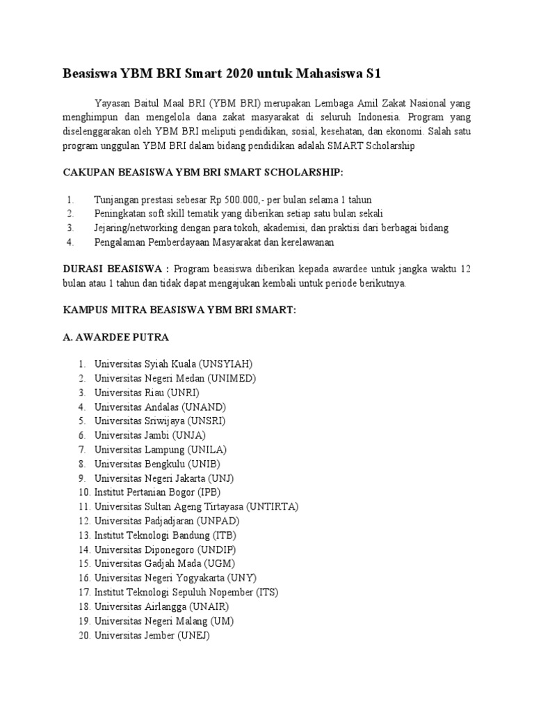 Beasiswa YBM BRI Smart 2020 Untuk Mahasiswa S1 | PDF